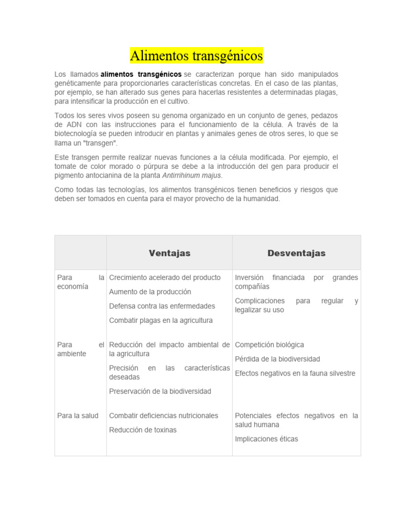 Alimentos Transgénicos: Ventajas y Riesgos | PDF