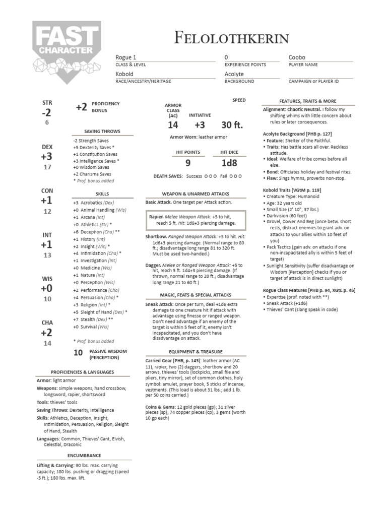 Fast Character - D&D Character Maker - Kobold Rogue 1 | PDF