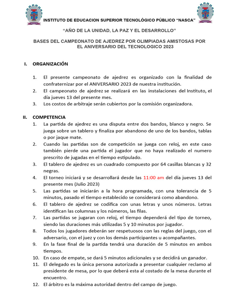 Bases Campeonato de Ajedrez Por Aniversario 2023 | PDF | Ajedrez | Juego de azar