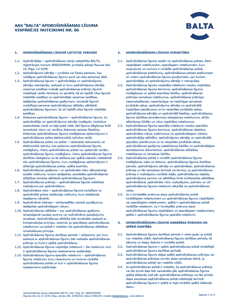 Aas "Balta" Apdrošināšanas Līguma Vispārējie Noteikumi Nr. 06 | PDF