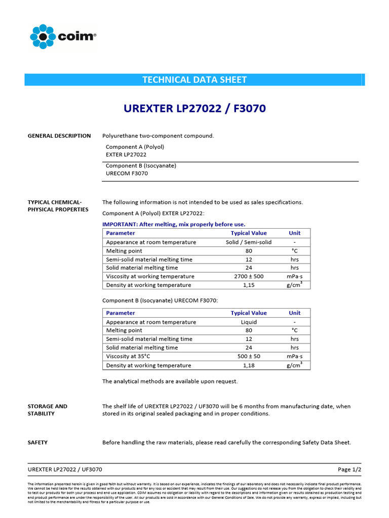 TDS en LP27022 - Uf3070 | PDF | Viscosity | Polyurethane
