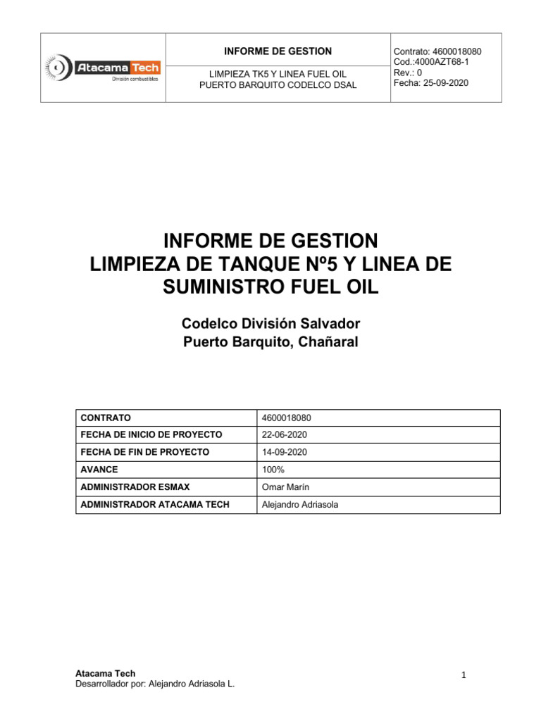 Informe de Limpieza Tanque TK5 Codelco | PDF