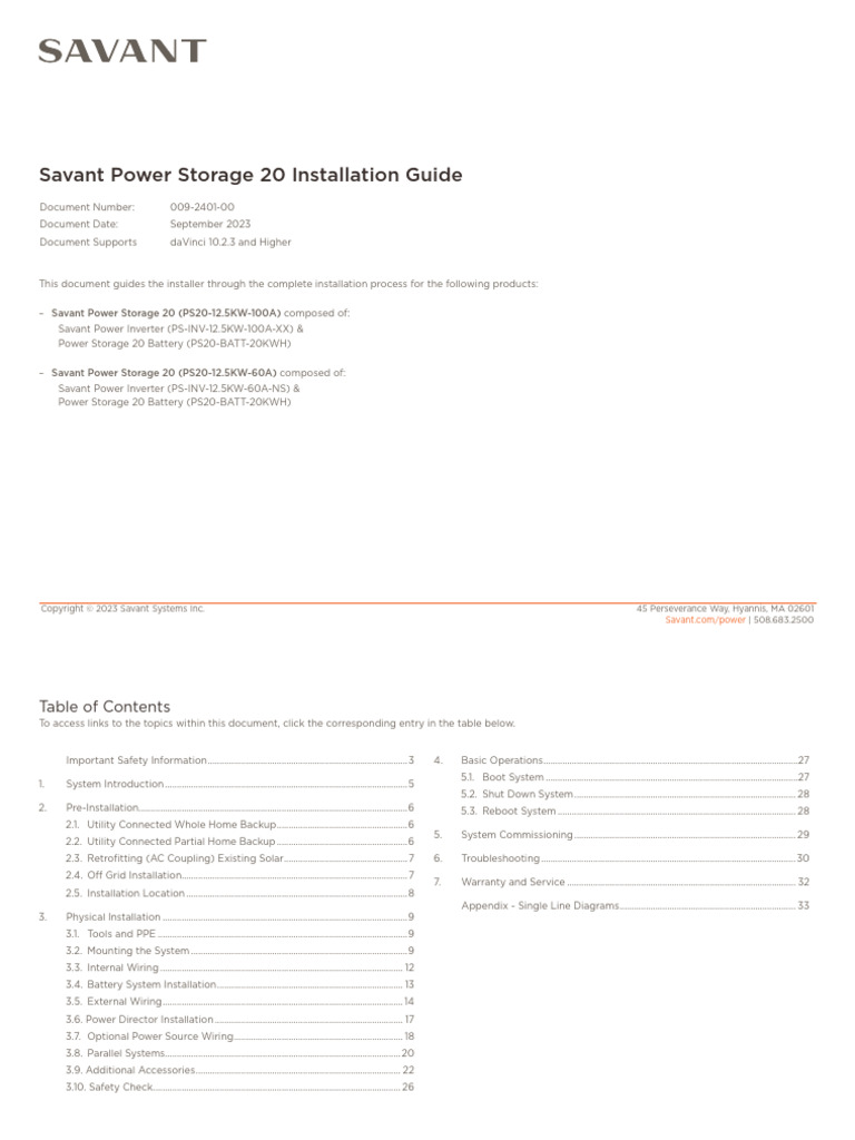 009-2401-00 Savant Power Storage 20 Installation Guide | PDF | Electrical Grid | Solar Power
