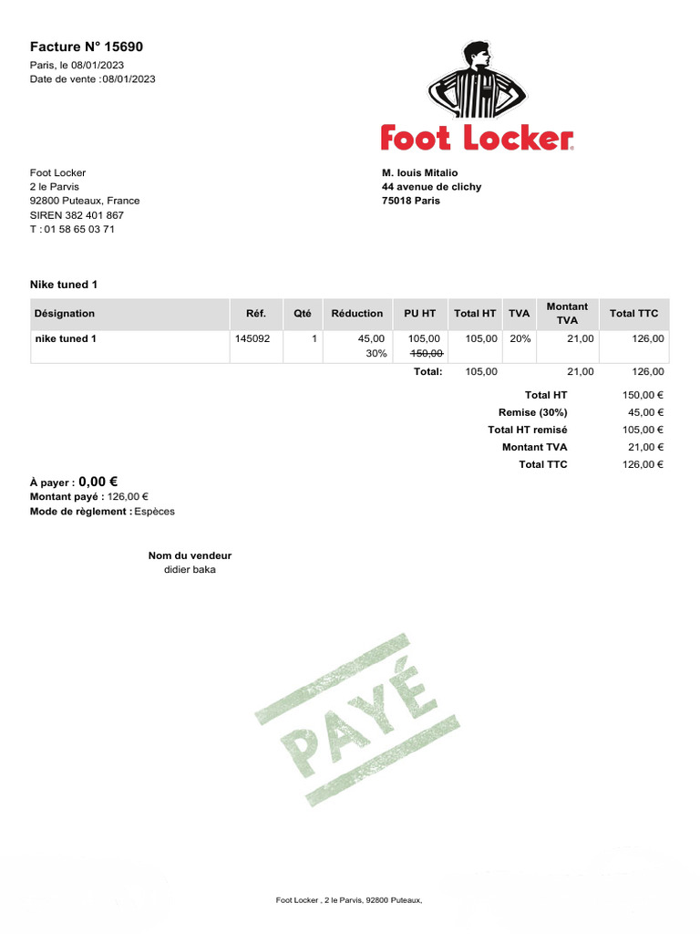Foot Locker Receipt N° 15690 | PDF