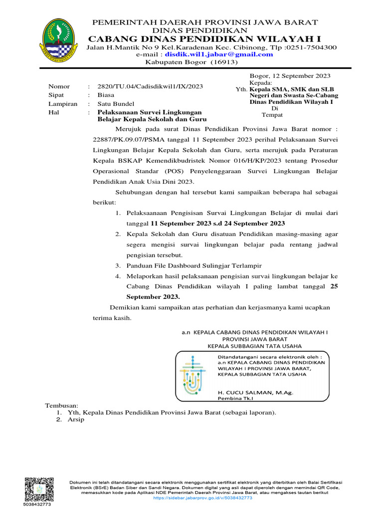 Surat Pelaksanaan Survey Lingkungan Belajar Bagi Kepala Sekolah Dan ...