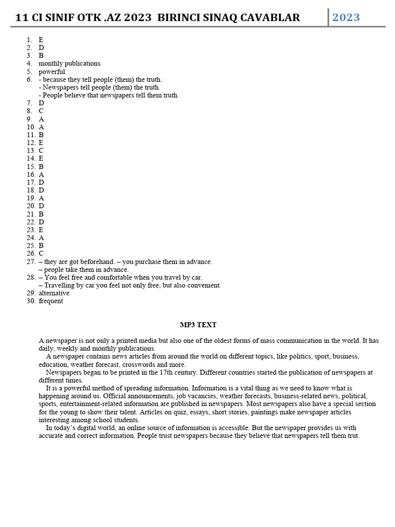 11 Ci Sinif Otk .Az 2023 Birinci Sinaq Cavablar | PDF