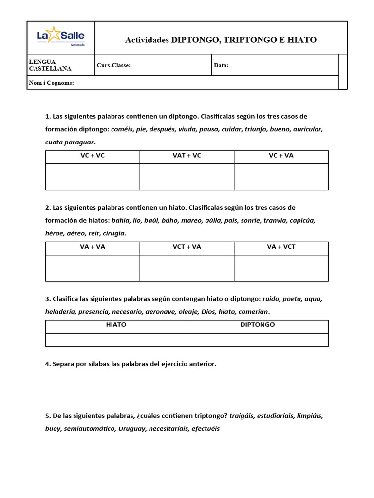 INT 01 - Actividades Diptongo, Hiato y Triptongo | PDF