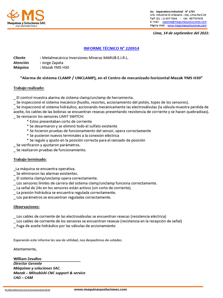 INF - 220914 - MARUB - Alarma Sensor de Clamp UNclamp Mazak YMS H30 | PDF