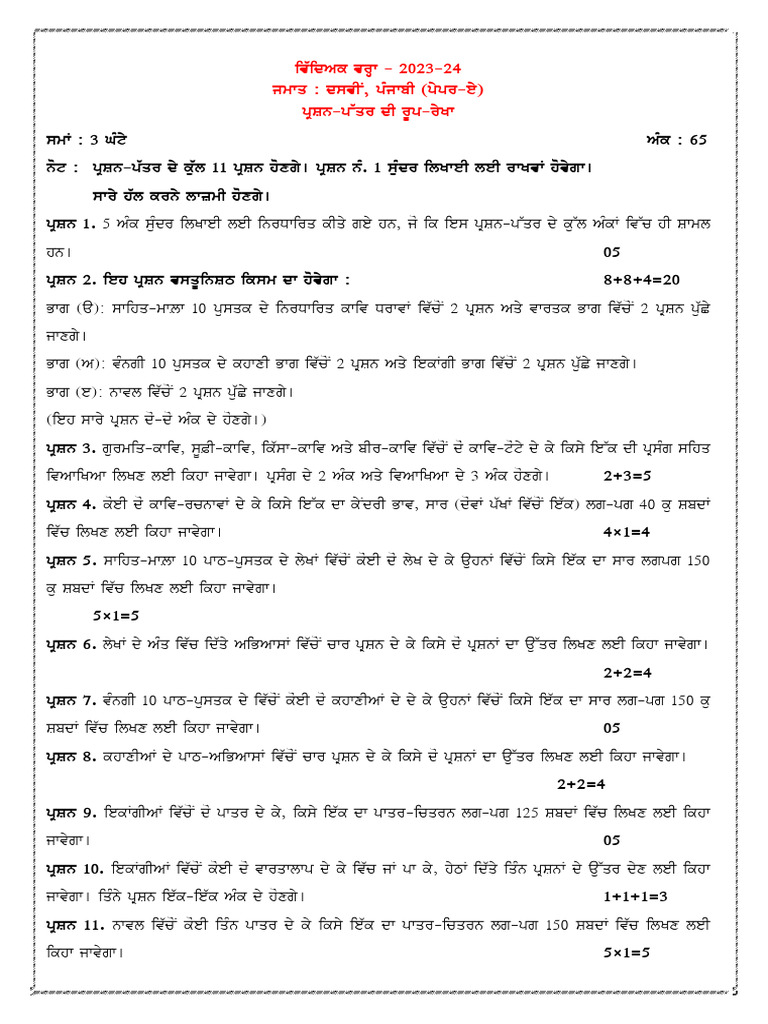 10th Punjabi Paper A Structure 2023-24 | PDF