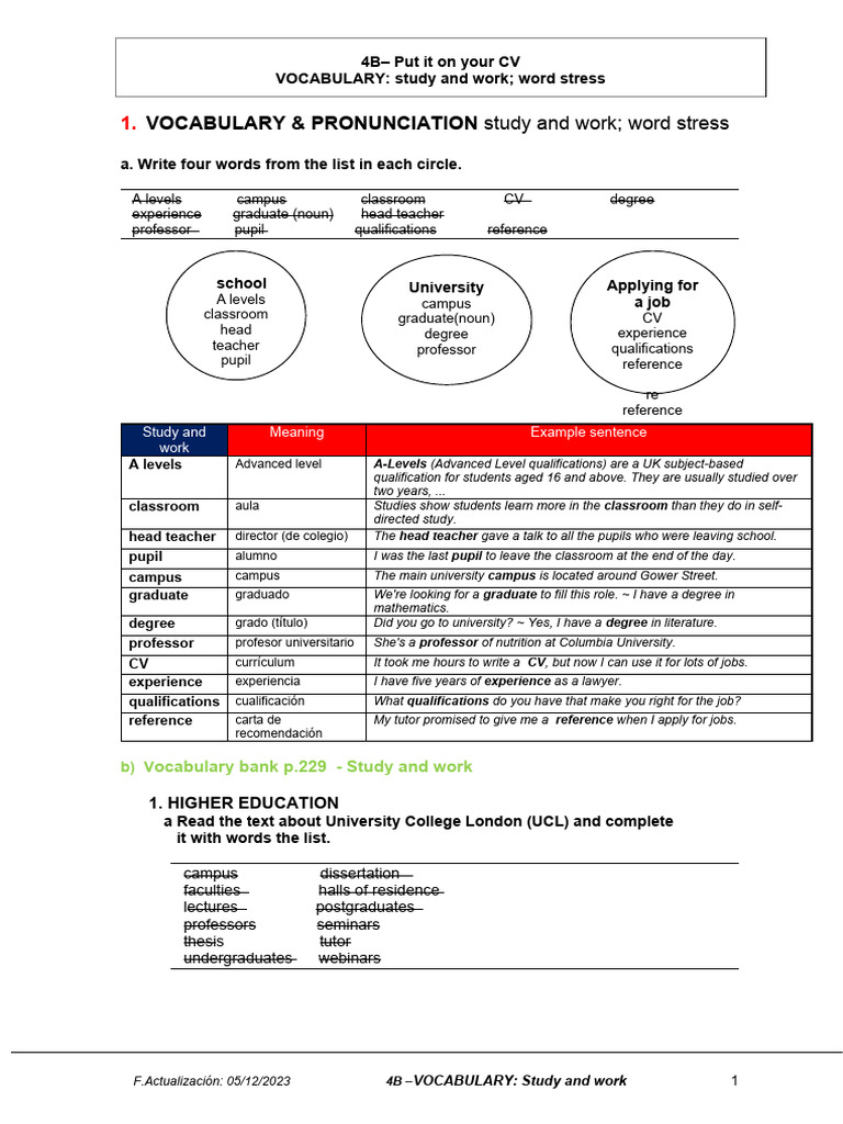 4B - VOCABULARY - Put It On Your CV | PDF | Thesis | University College ...