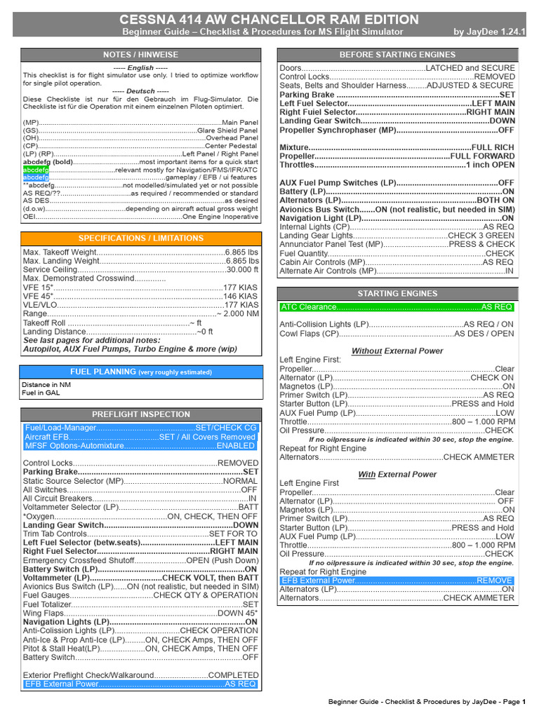 Cessna 414 AW - Checklist | PDF | Altitude | Instrument Flight Rules