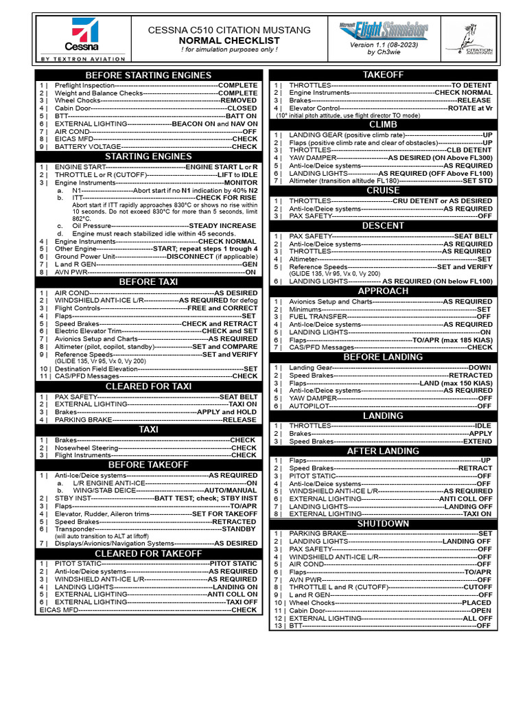 Cessna C510 Citation Checklist | PDF | Flight | Aeronautics