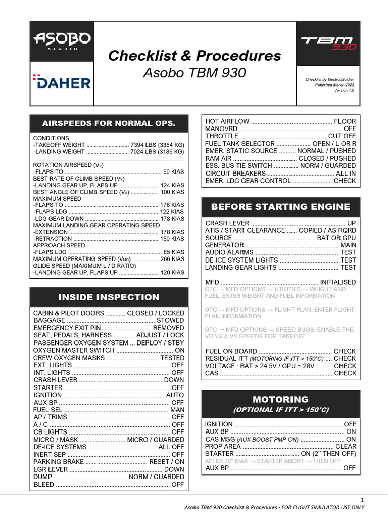 TBM 930 - Checklist - v1.0 | PDF | Throttle | Aerospace