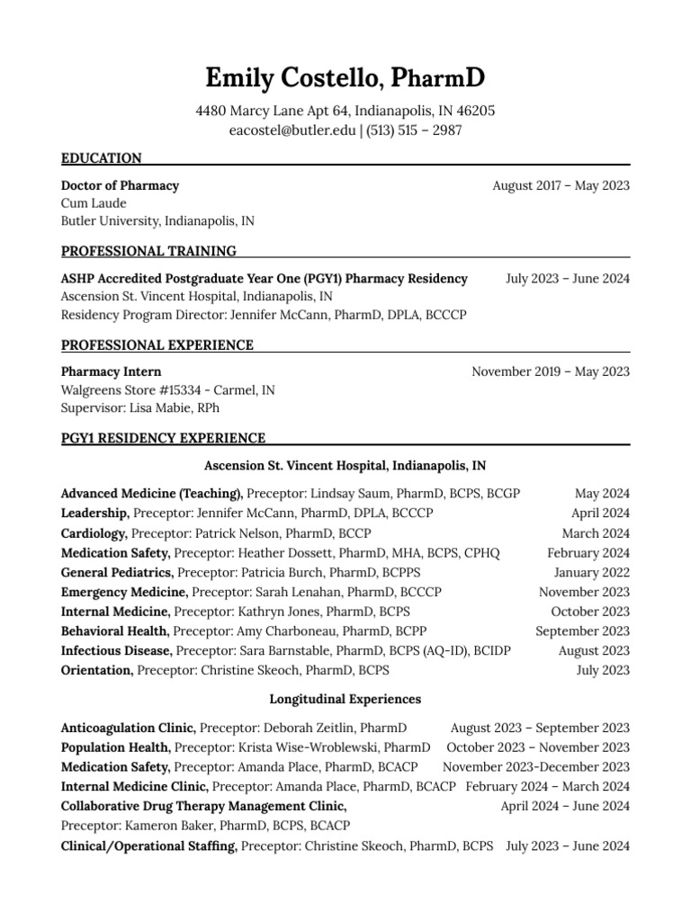 Emily Costello Pharmd CV | PDF | Pharmacy | Pharmacist