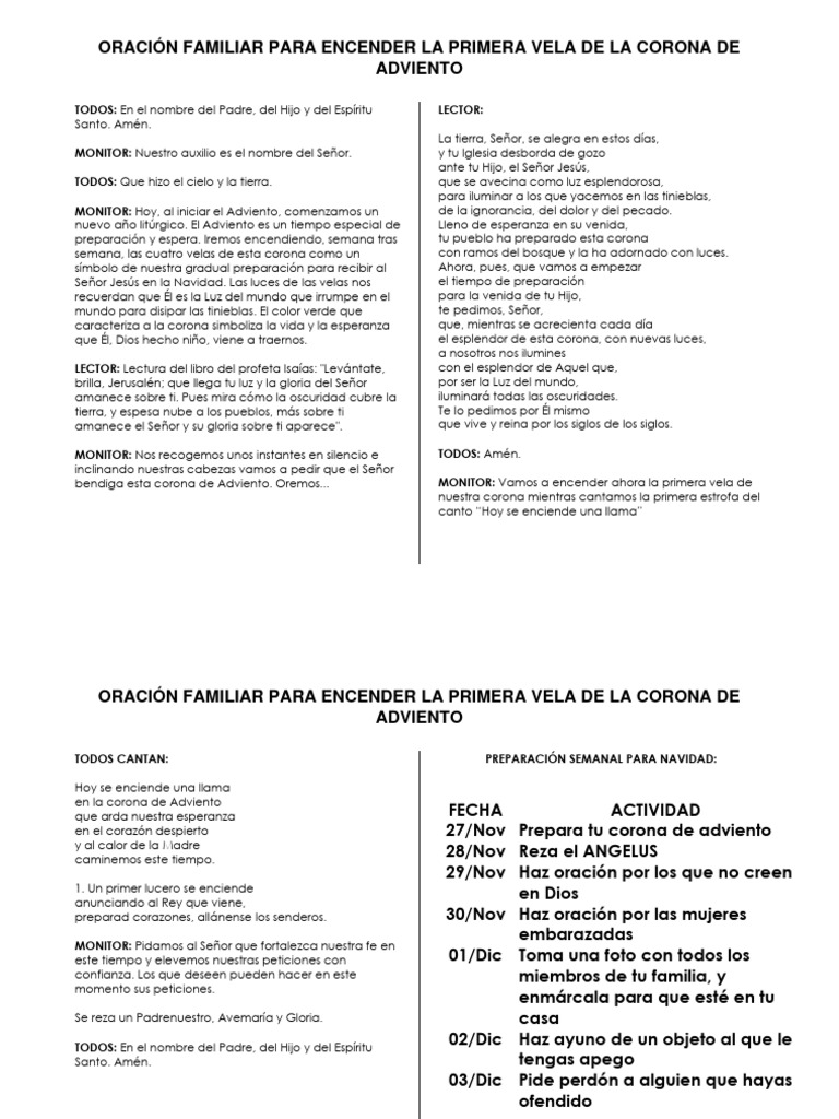 Oración Familiar para Encender La Primera Vela de La Corona de Adviento ...