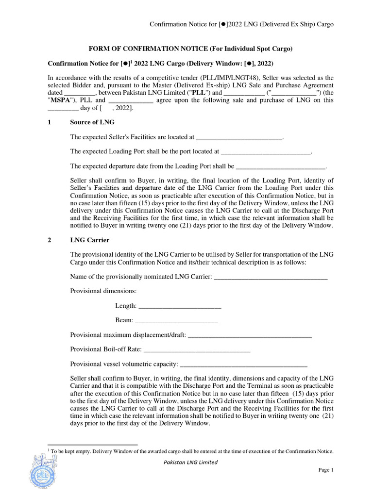 LNG Cargo Confirmation Notice | PDF