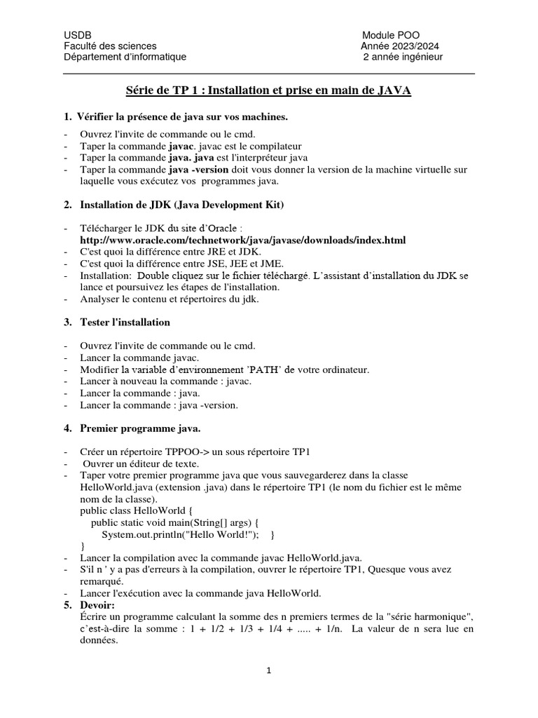 Série de TP 1: Installation Et Prise en Main de JAVA: 1. Vérifier La ...