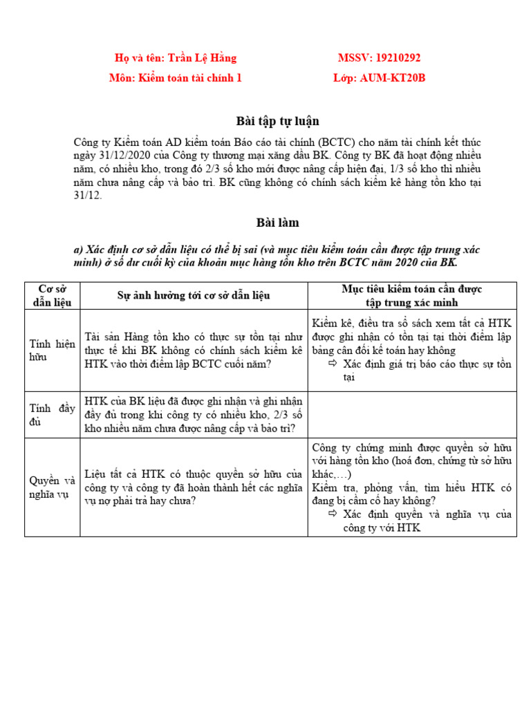 Bài tập tự luận KTTC1- Trần Lệ Hằng - 19210292 | PDF