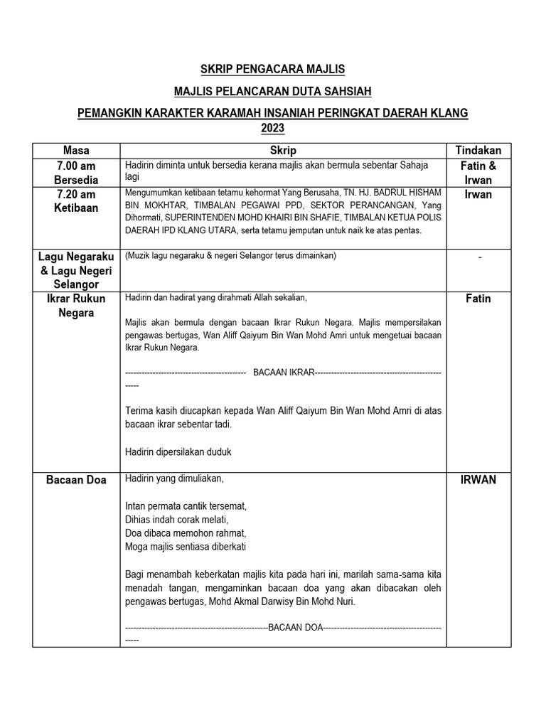 Skrip Pengacara Majlis Duta Sahsiah Peringkat Daerah Klang | PDF