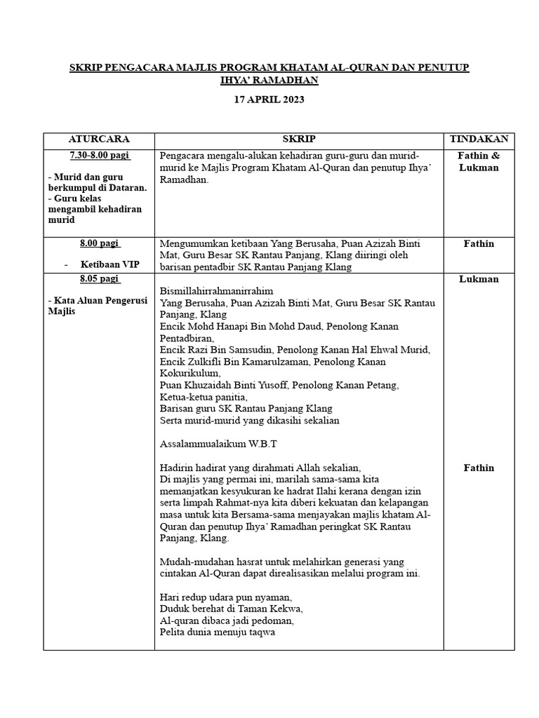 Skrip Pengacara Majlis Program Khatam Al Quran | PDF