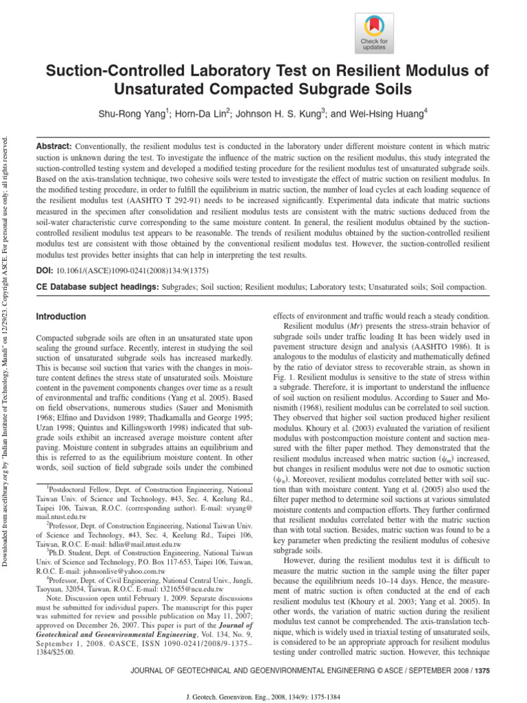 Yang Et Al 2008 Suction Controlled Laboratory Test On Resilient Modulus Of Unsaturated Compacted