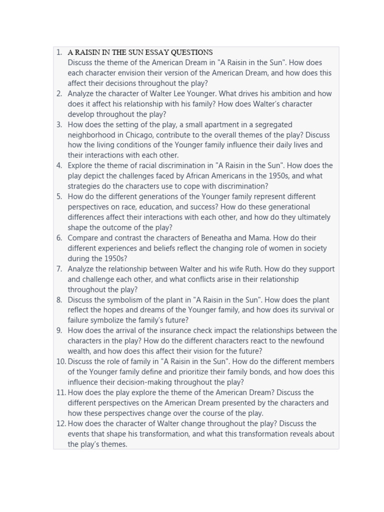 A Raisin in the Sun Essay Questions | PDF