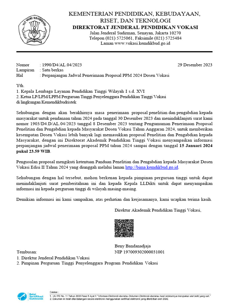 Pengumuman Perpanjangan Jadwal Penerimaan Proposal PPM Dosen Vokasi | PDF