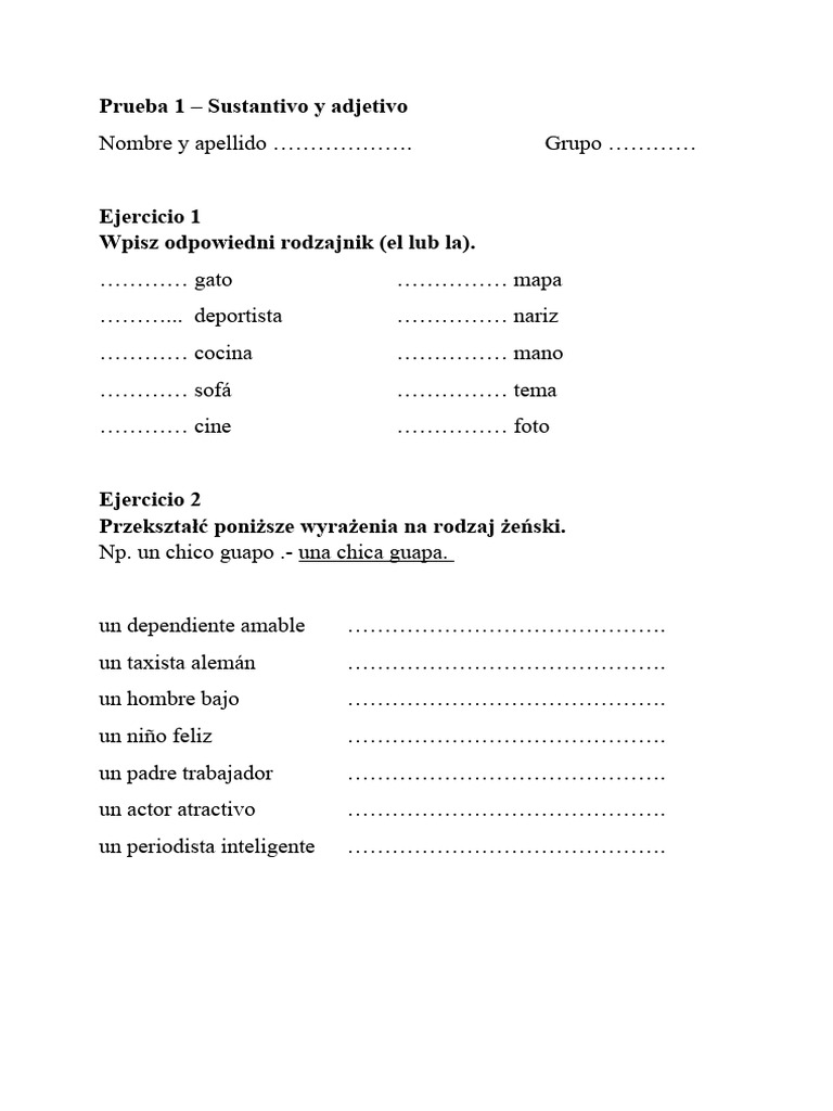 Concordancia de Nombre y Adjetivo, Numero y Genero - Test | PDF
