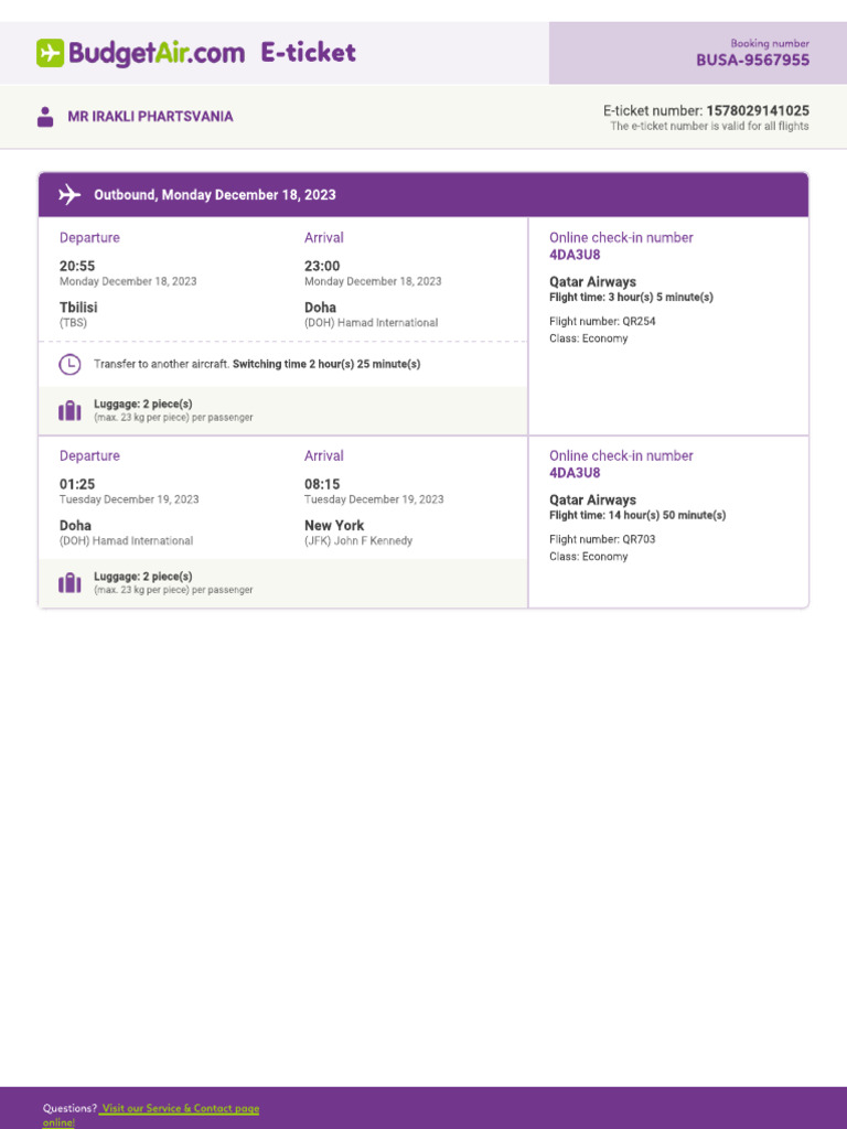 TBS-JFK Eticket | PDF