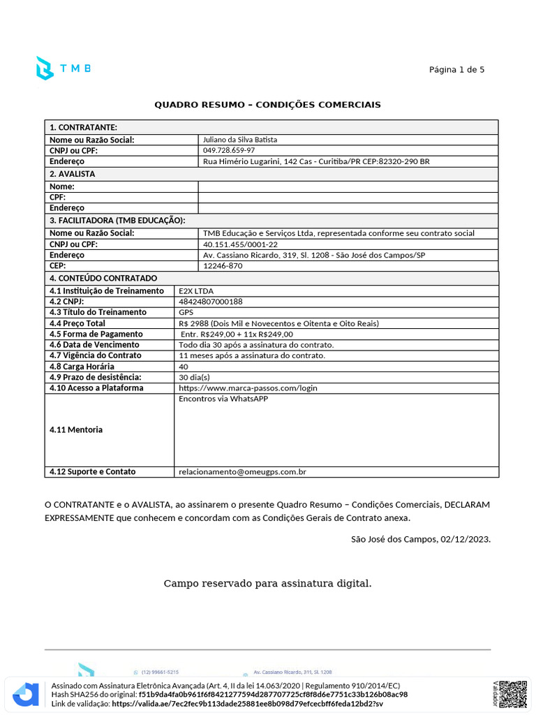 (685348) - Contrato TMB - Juliano Da Silva Batista (Assinado) | PDF