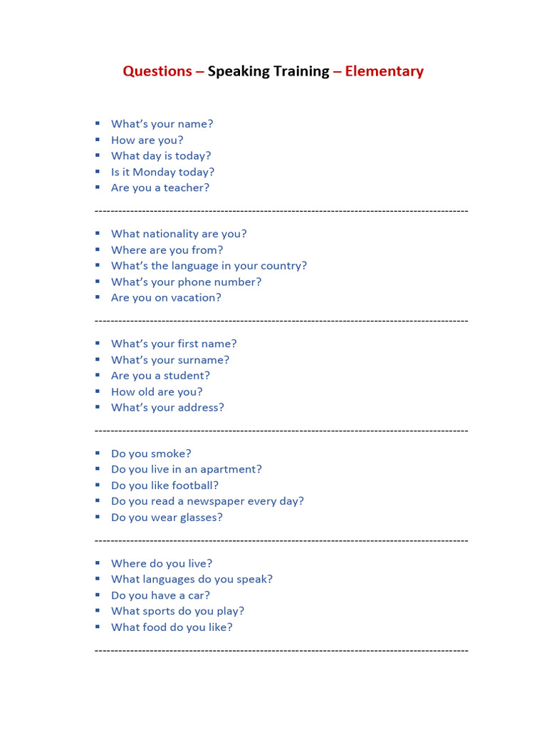 Questions - Speaking Training 2022 | PDF