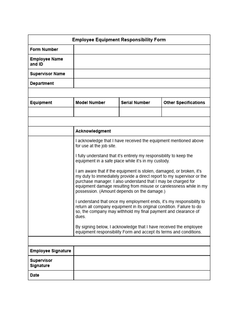 Employee Equipment Responsibility Agreement | PDF