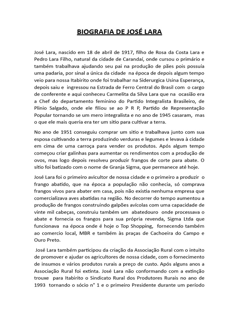 Biografia de José Lara, Pioneiro Avicultor | PDF