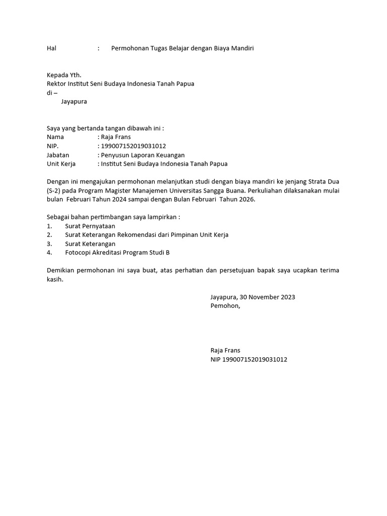 Surat Permohonan Tugas Belajar Pegawai | PDF Surat Permohonan Tugas Belajar Pegawai | PDF