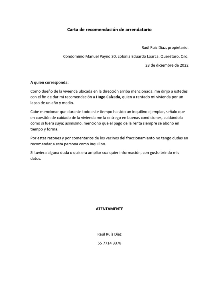 Carta de recomendación de arrendatario Hugo Calzada | PDF