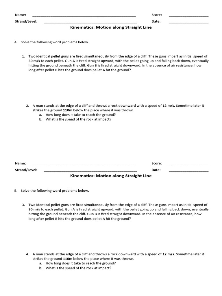 Kinematics Word Problems Worksheet | PDF