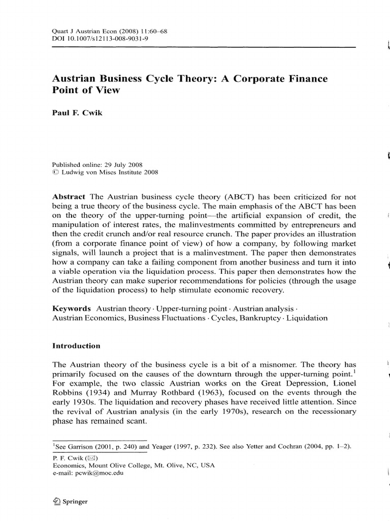 CWIK, Paul F. - Austrian Business Cycle Theory - A Corporate Finance | PDF