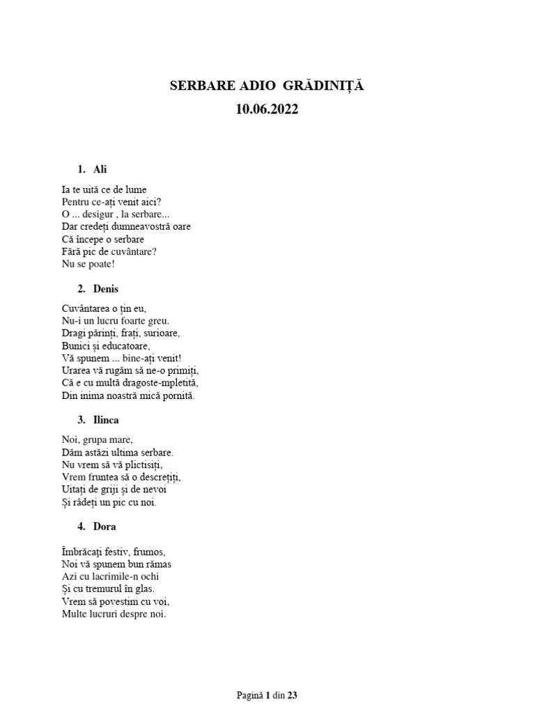 Alina - Serbare Adio Grădiniță Grupa Mare A 2019-2022 | PDF