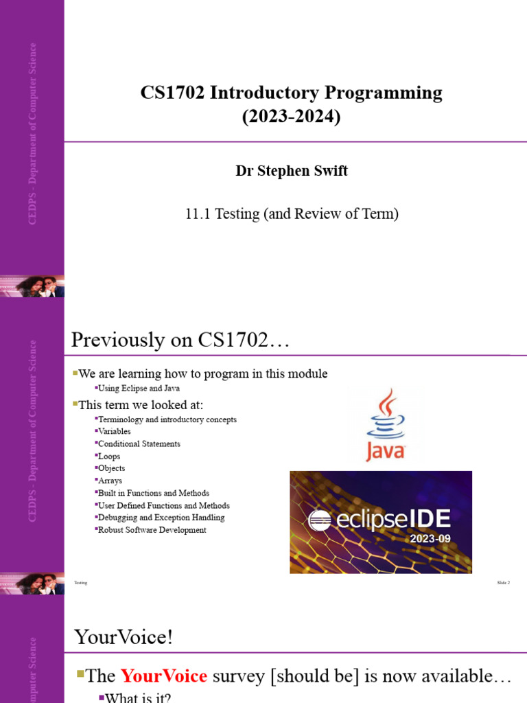 CS1702 11.1 Testing v3 (2023-2024) | PDF | Software Testing | Unit Testing