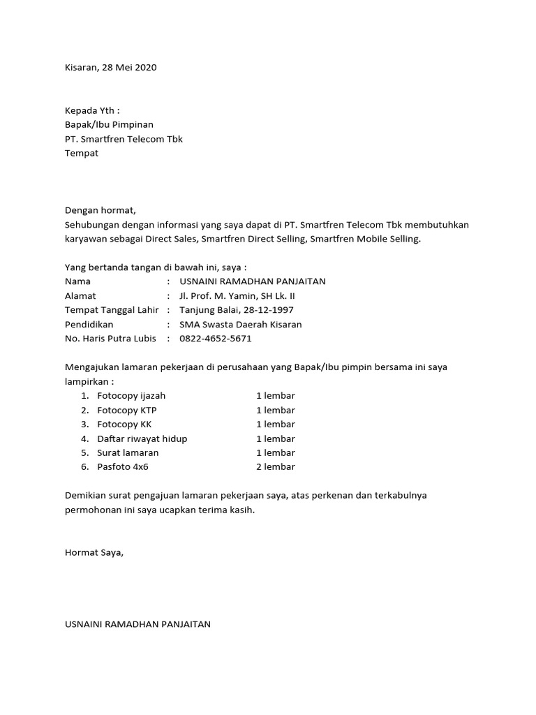 Surat Lamaran Kerja Direct Sales Smartfren | PDF | Pengembangan Diri ...