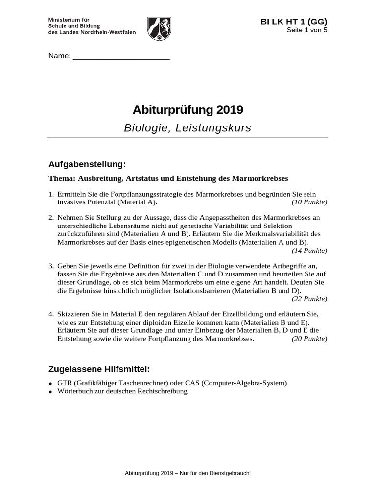 Abiturprüfung 2019: Biologie, Leistungskurs | PDF