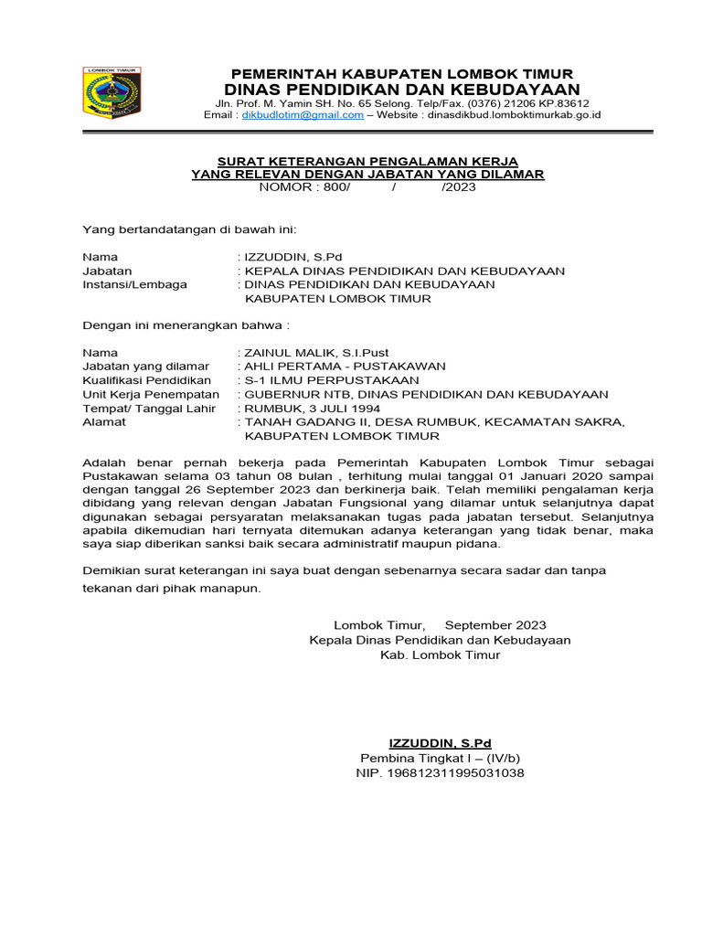 Surat Keterangan Pengalaman Kerja | PDF