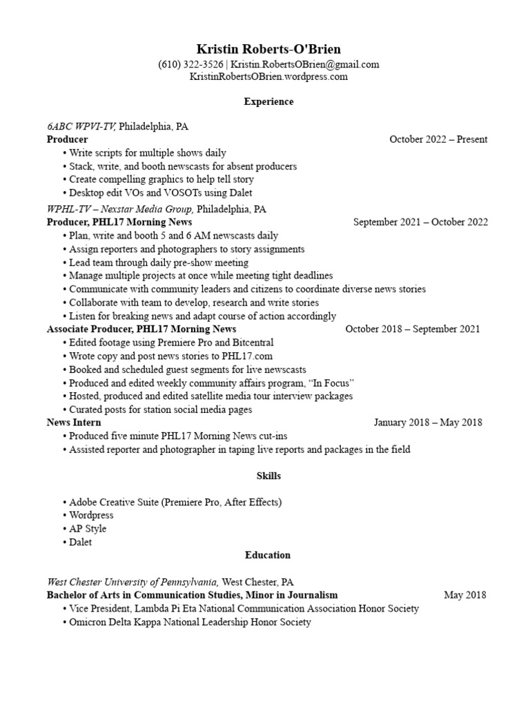 Kristin Roberts-O'Brien: Media Producer Resume | PDF