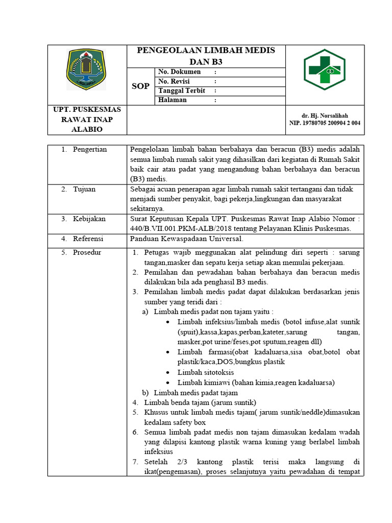 SOP Pengelolaan Limbah Medis B3 | PDF | Pengembangan Diri
