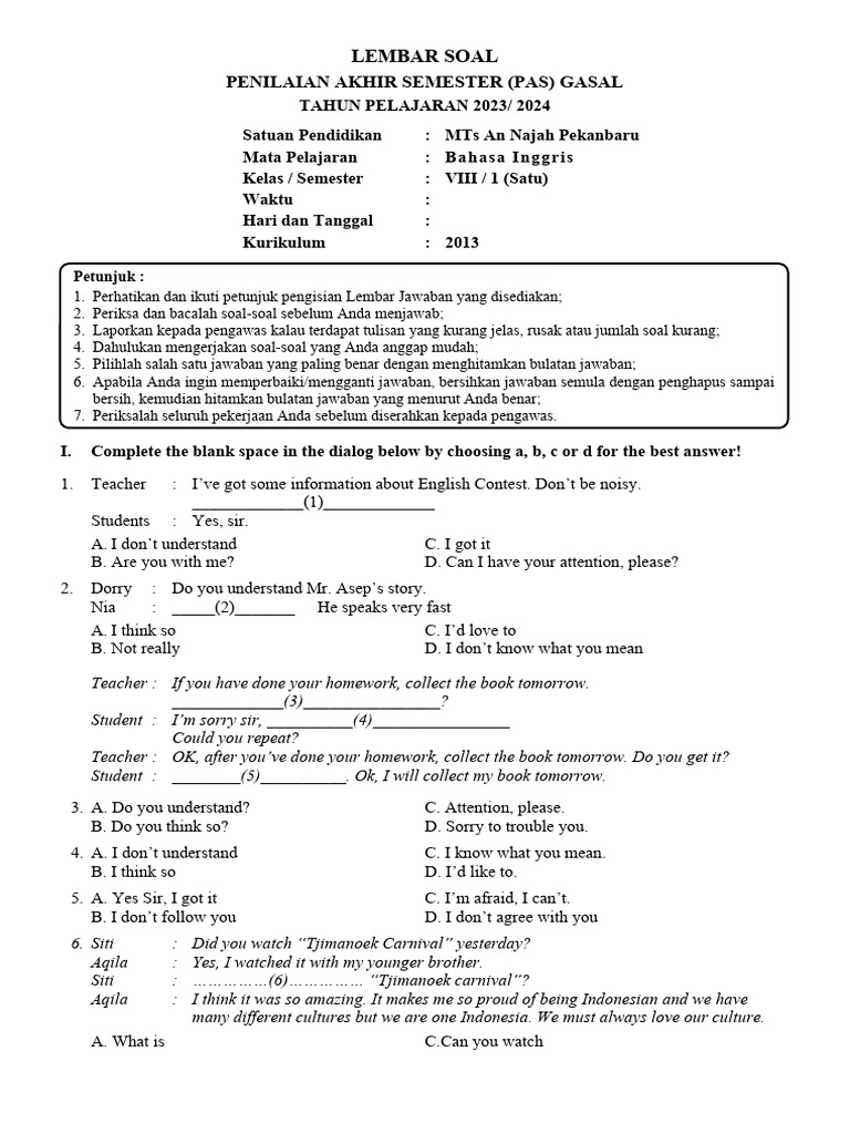 Soal PAS BING Kelas 8 | PDF