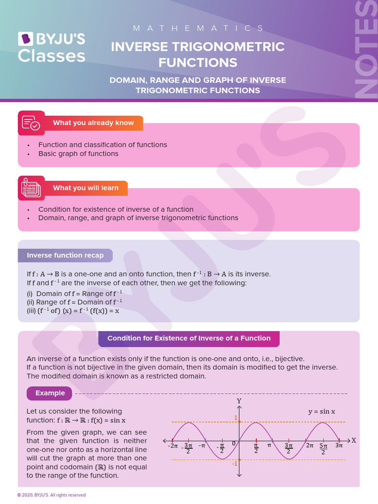 CBSE Class 12 Inverse Trigonometric Functions Study Notes | PDF