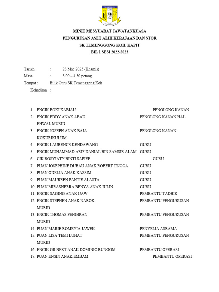 Minit Mesyuarat Aset Bil1 2023 | PDF