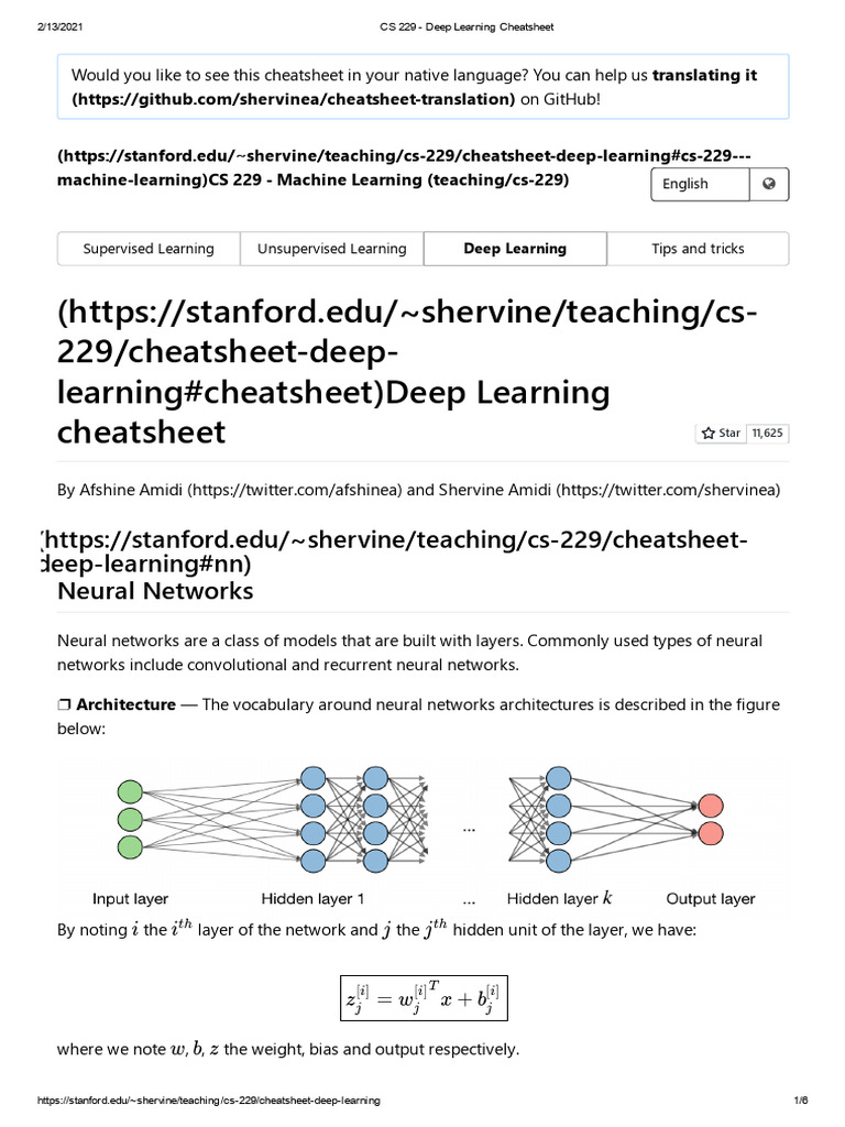 CS 229 - Deep Learning Cheatsheet | PDF