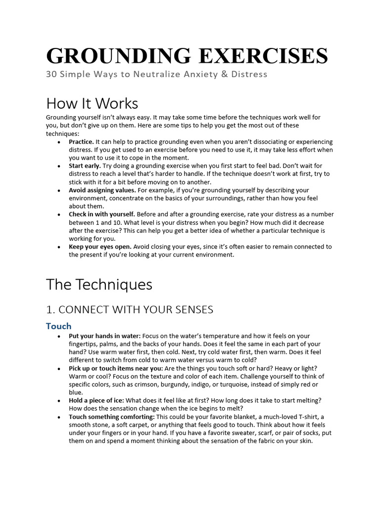 30 Simple Grounding Exercises | PDF | Senses | Breathing