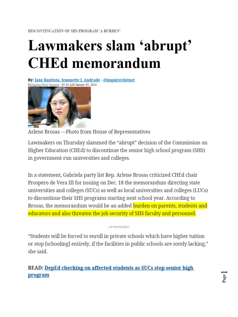 Discontinuation of SHS Program | PDF